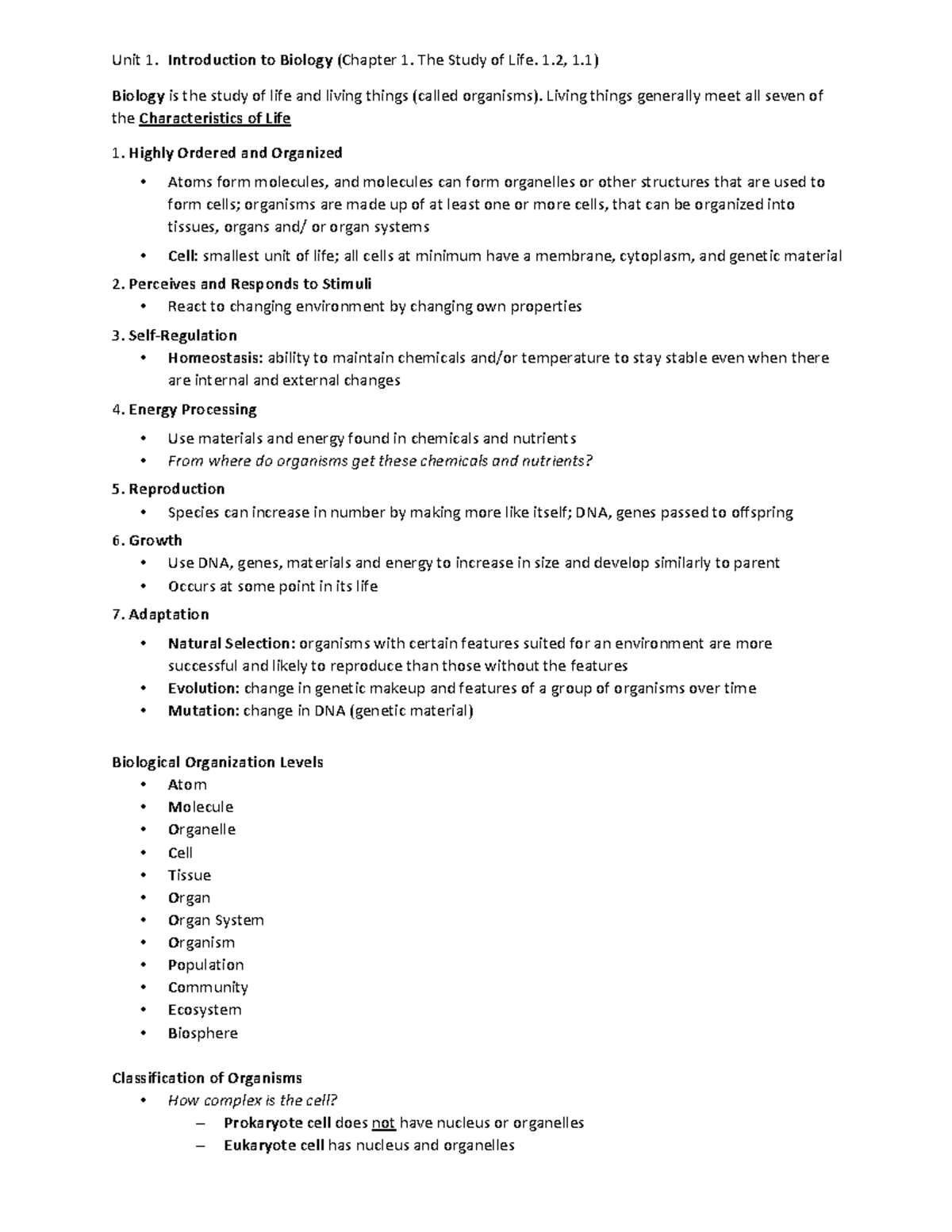 Unit 1: Intro to Biology - Characteristics & Classification (Ch 1 ...