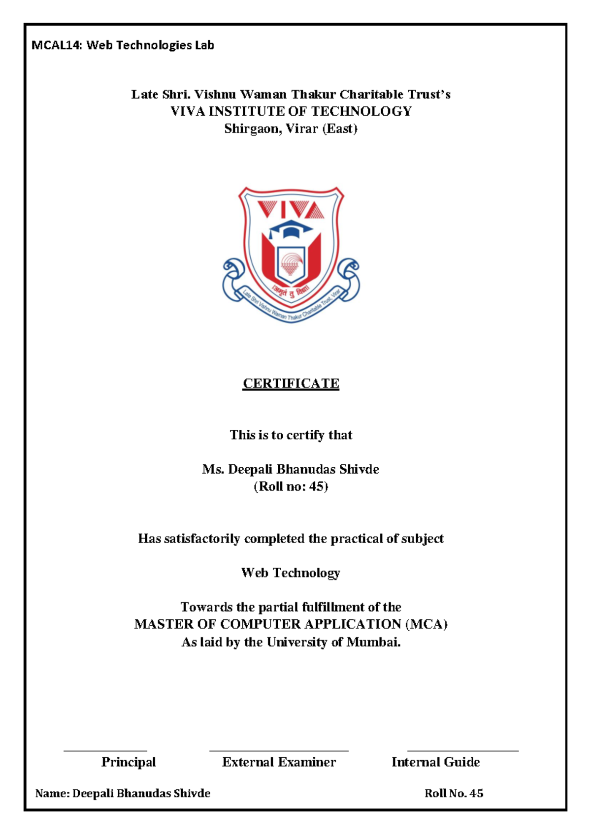 MCAL14: Web Technologies Lab Practical Report by Deepali Shivde - Studocu