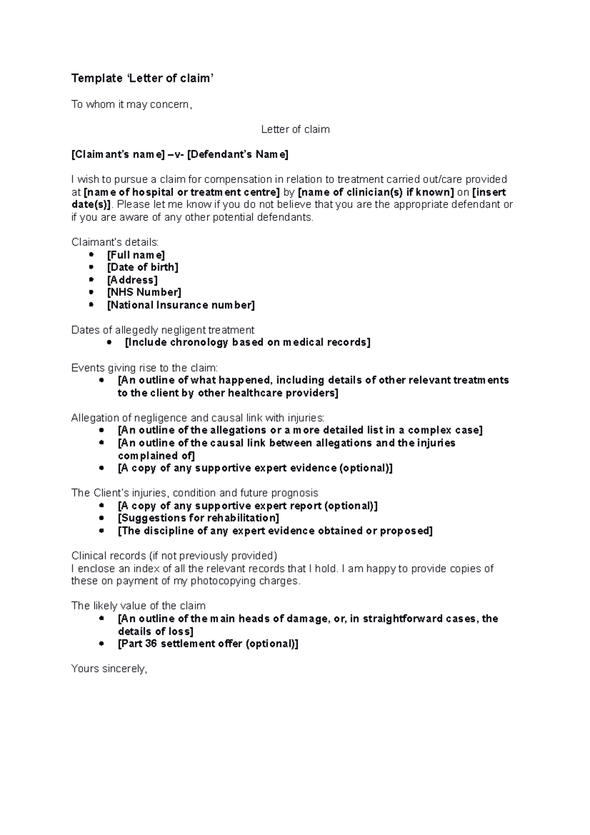 Letter of Claim Template for Compensation Claims - Studocu