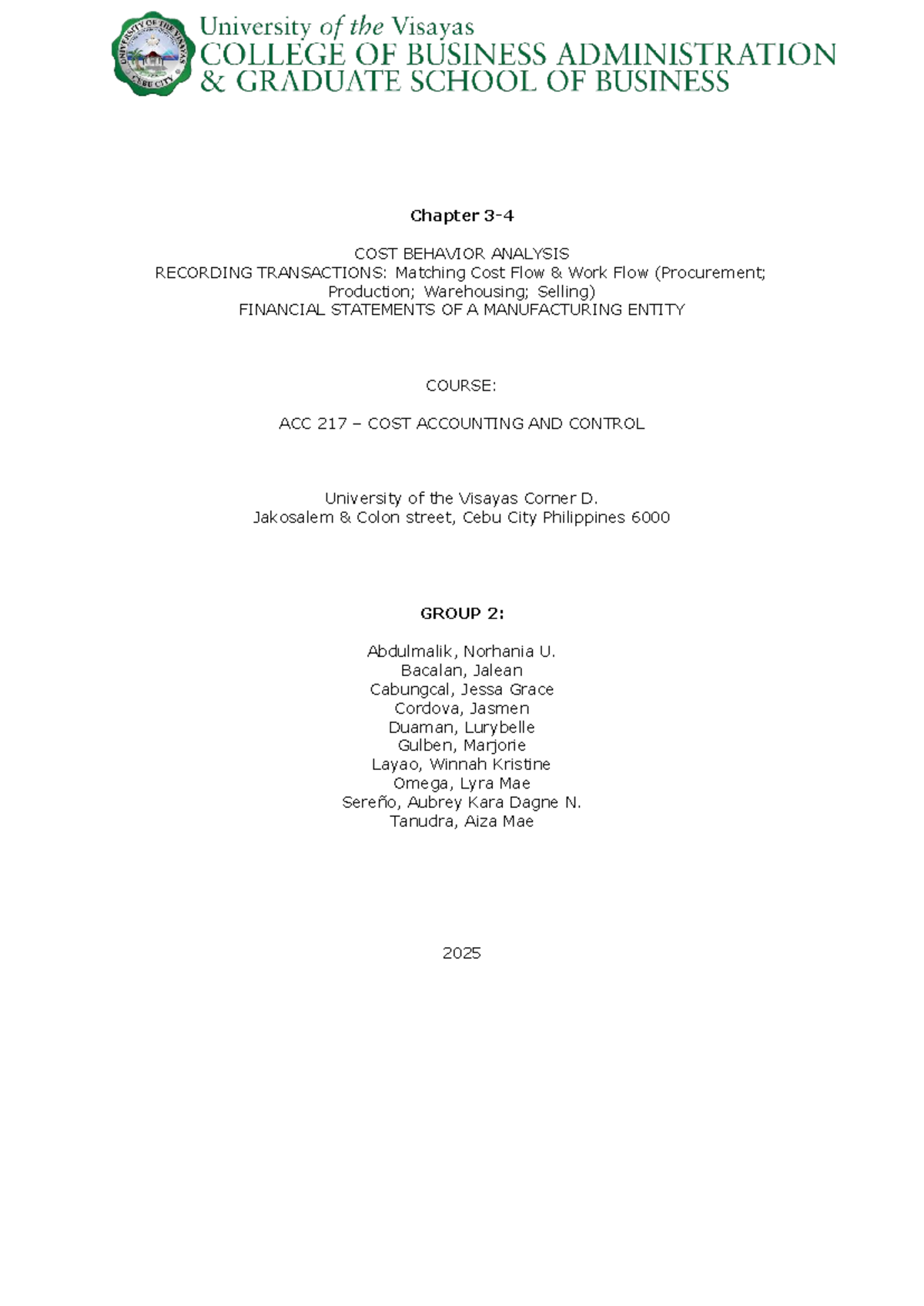 Chapter 3: Cost Behavior Analysis in ACC 217 Cost Accounting - Studocu
