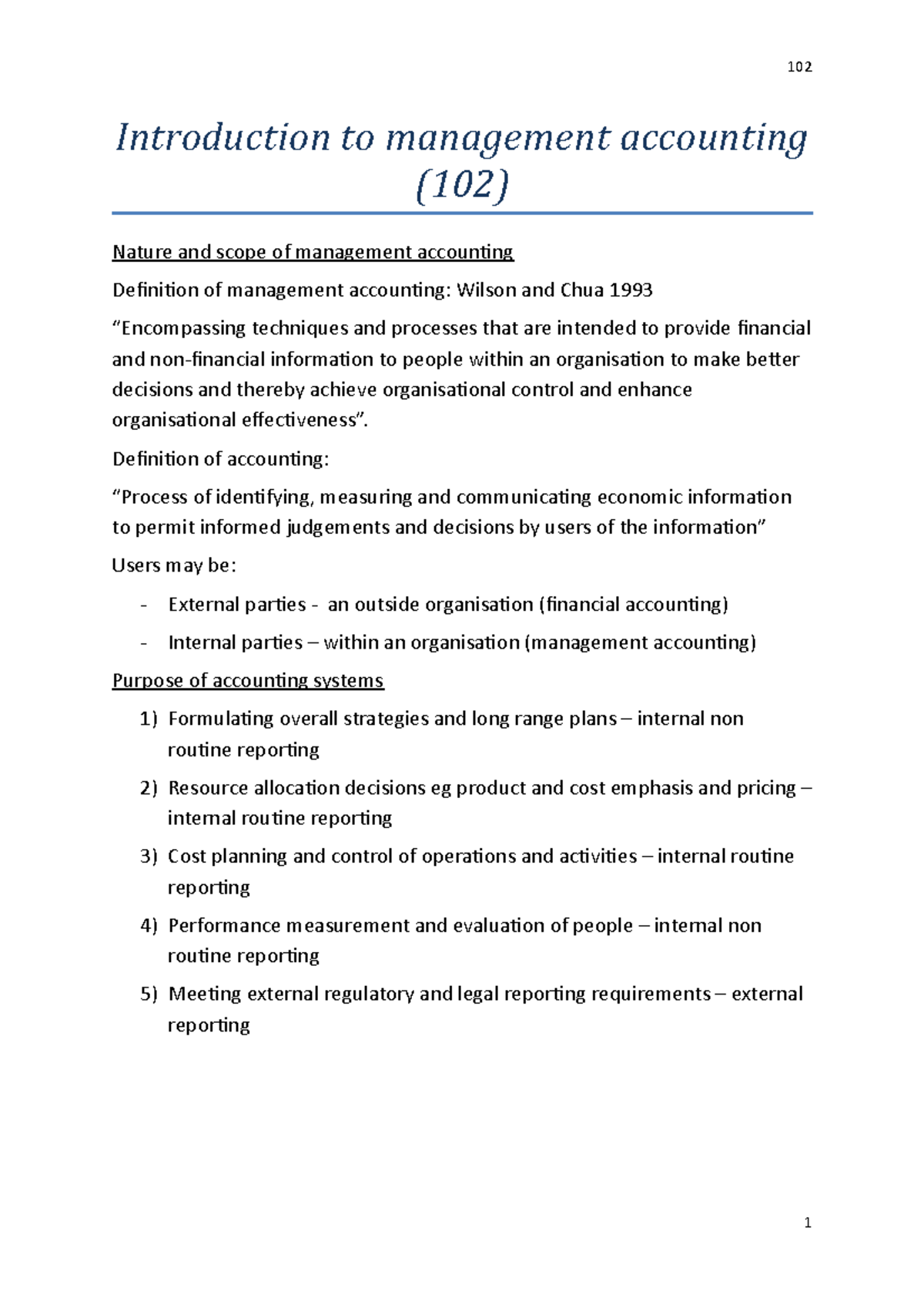 Introduction To Management Accounting Notes Lecture Notes Lectures 1 10 Part 1 Compleet