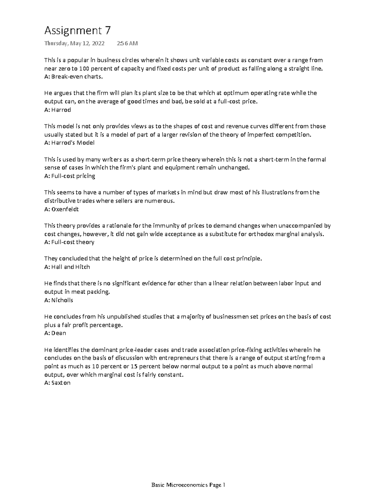 Basic Microeconomics Assignment 7: Cost & Pricing Theories Explained ...