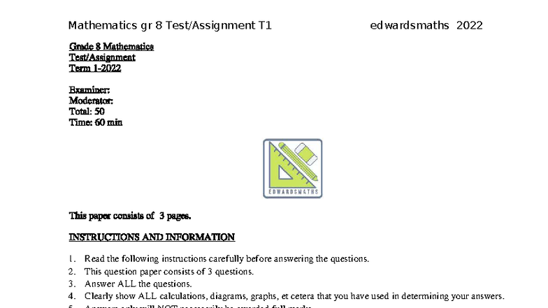Grade 8 Mathematics T1 Test: Whole Numbers & Integers 2022 - Studocu