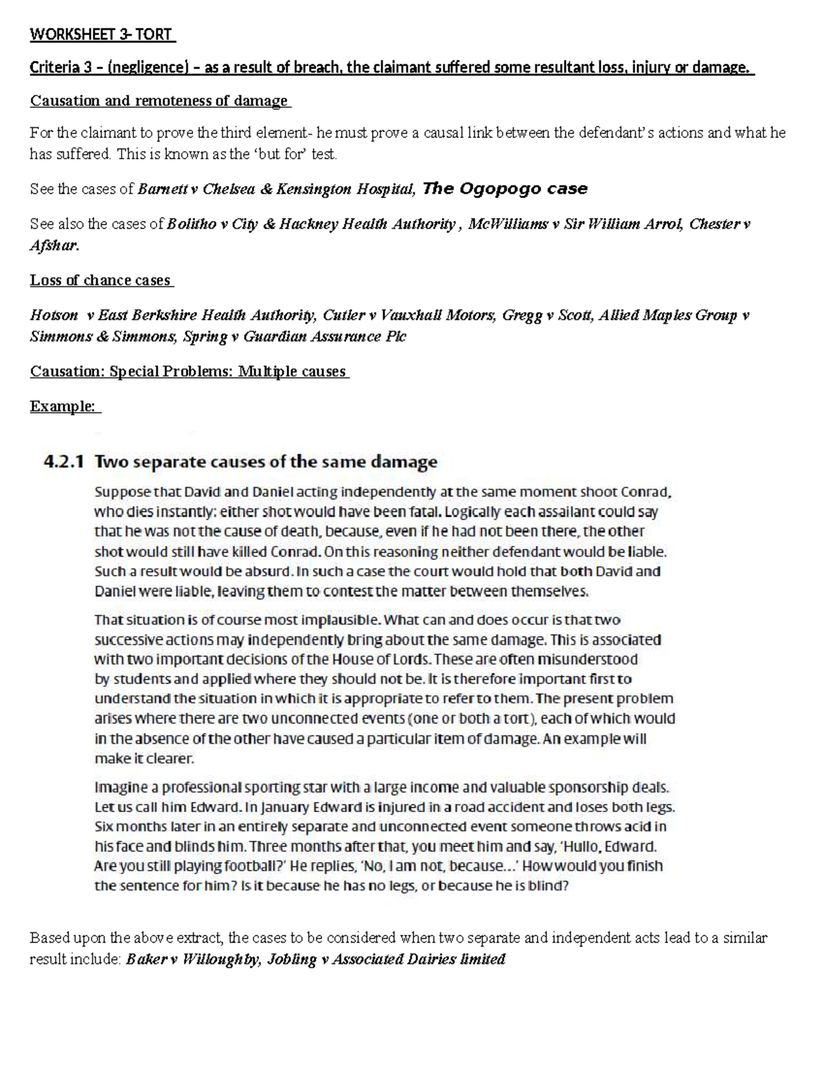 TORT 101 Worksheet: Causation & Remoteness in Negligence Cases - Studocu