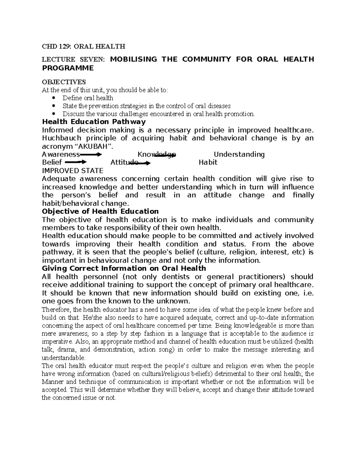 CHD 129: Oral Health Lecture 7 - Mobilizing Community for Health - Studocu