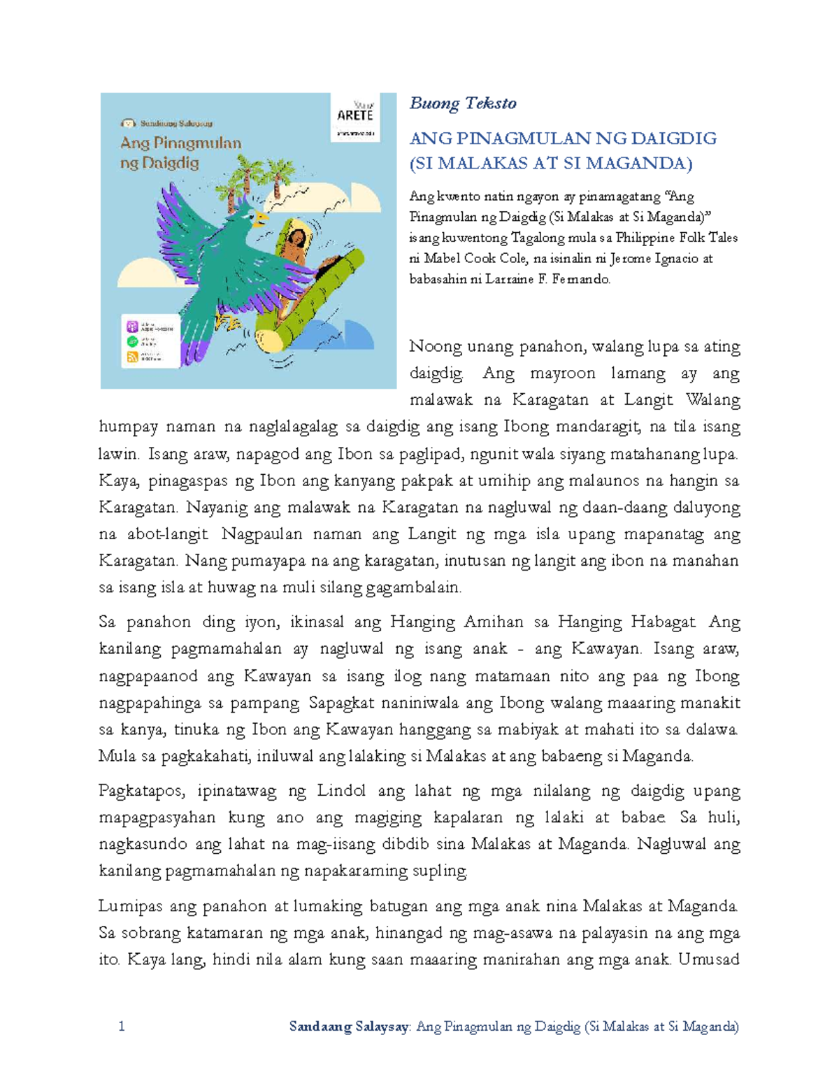 02 Ang Pinagmulan ng Daigdig: Si Malakas at Si Maganda - Buong Teksto - Studocu