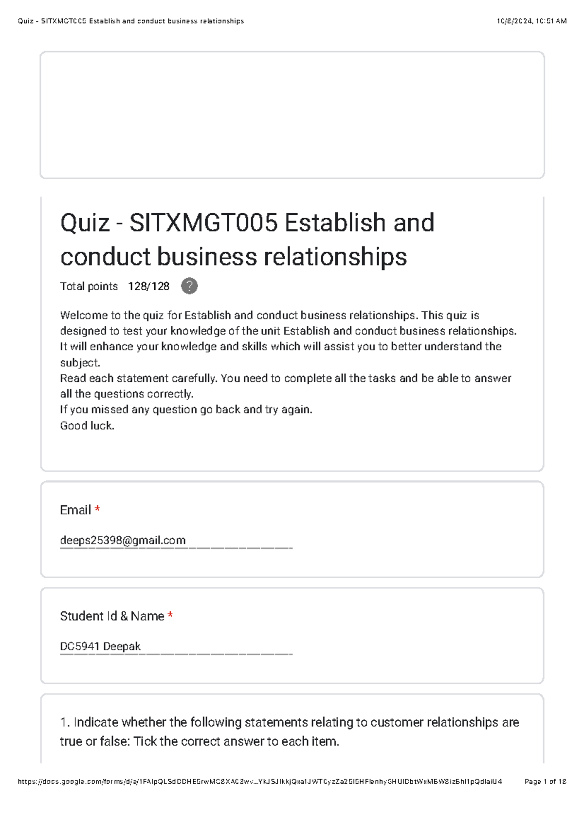 Quiz - SITXMGT005 Conducting Business Relationships Effectively - Studocu