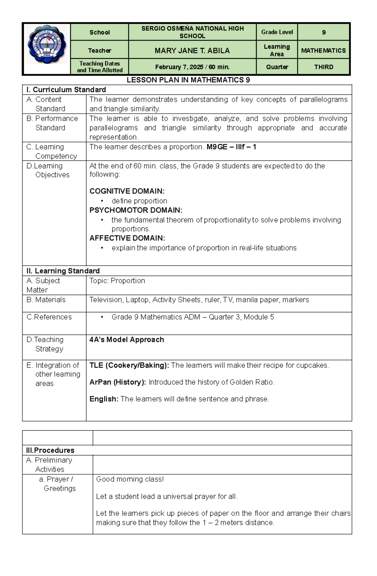 Mathematics 9 DLP: Understanding Proportion and Its Applications - Studocu