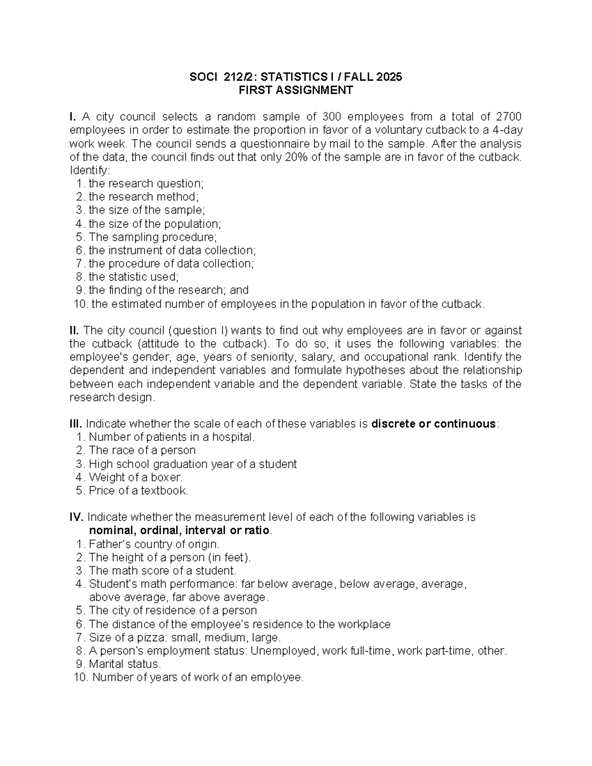 SOCI 101: Statistics I Fall 2025 - First Assignment Analysis - Studocu