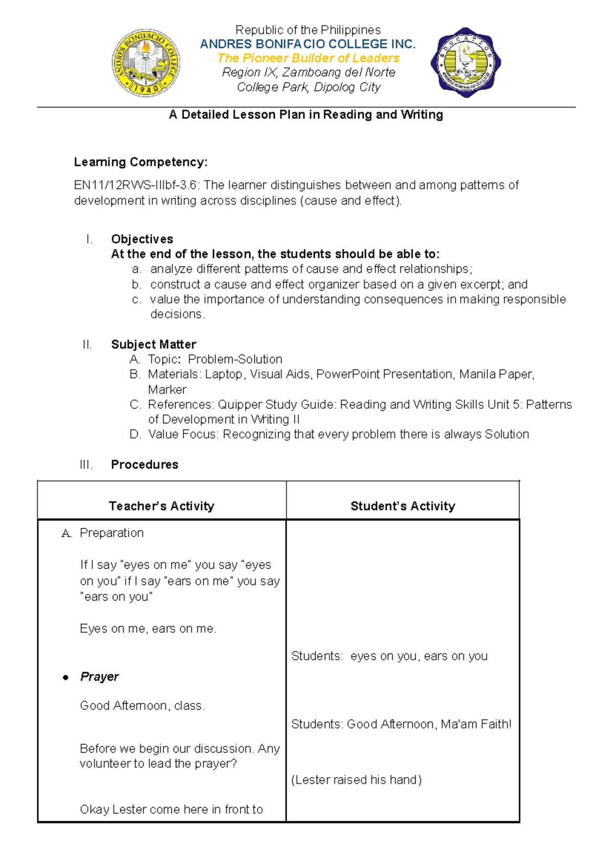 Detailed Lesson Plan: Cause and Effect (Reading & Writing) - ABC 101 ...