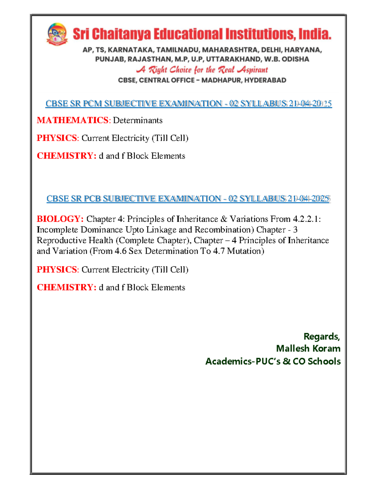 CBSE SR PCM & PCB Subjective Examination 02 Syllabus 21 04 2025 - CBSE ...