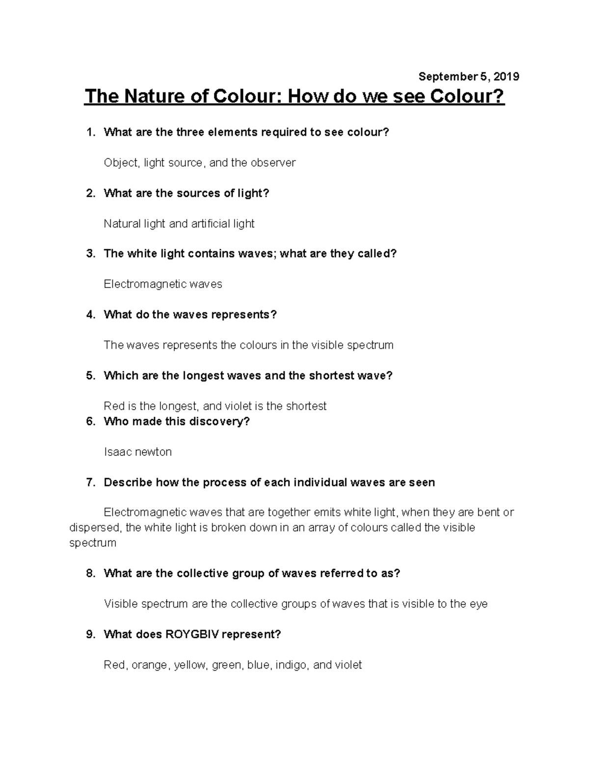 Chapter 1: The Nature of Colour - Colour Worksheet & Answers (SCI101 ...