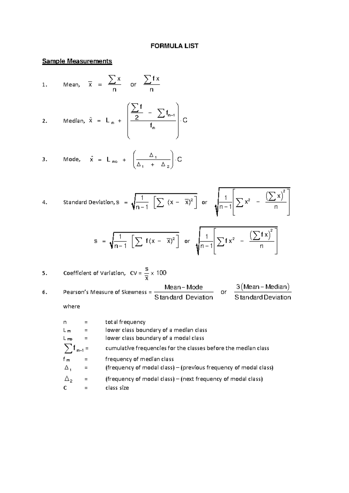 FORMULA LIST for Sample Measurements and Statistics (Appendix) - Studocu