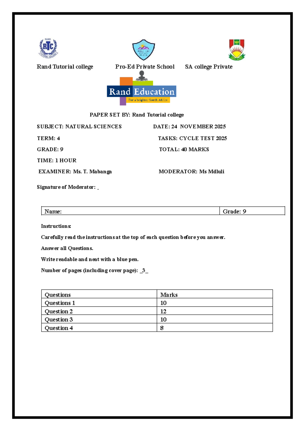 NS Grade 9 Cycle Test - Natural Sciences - 24 Nov 2025 - Studocu
