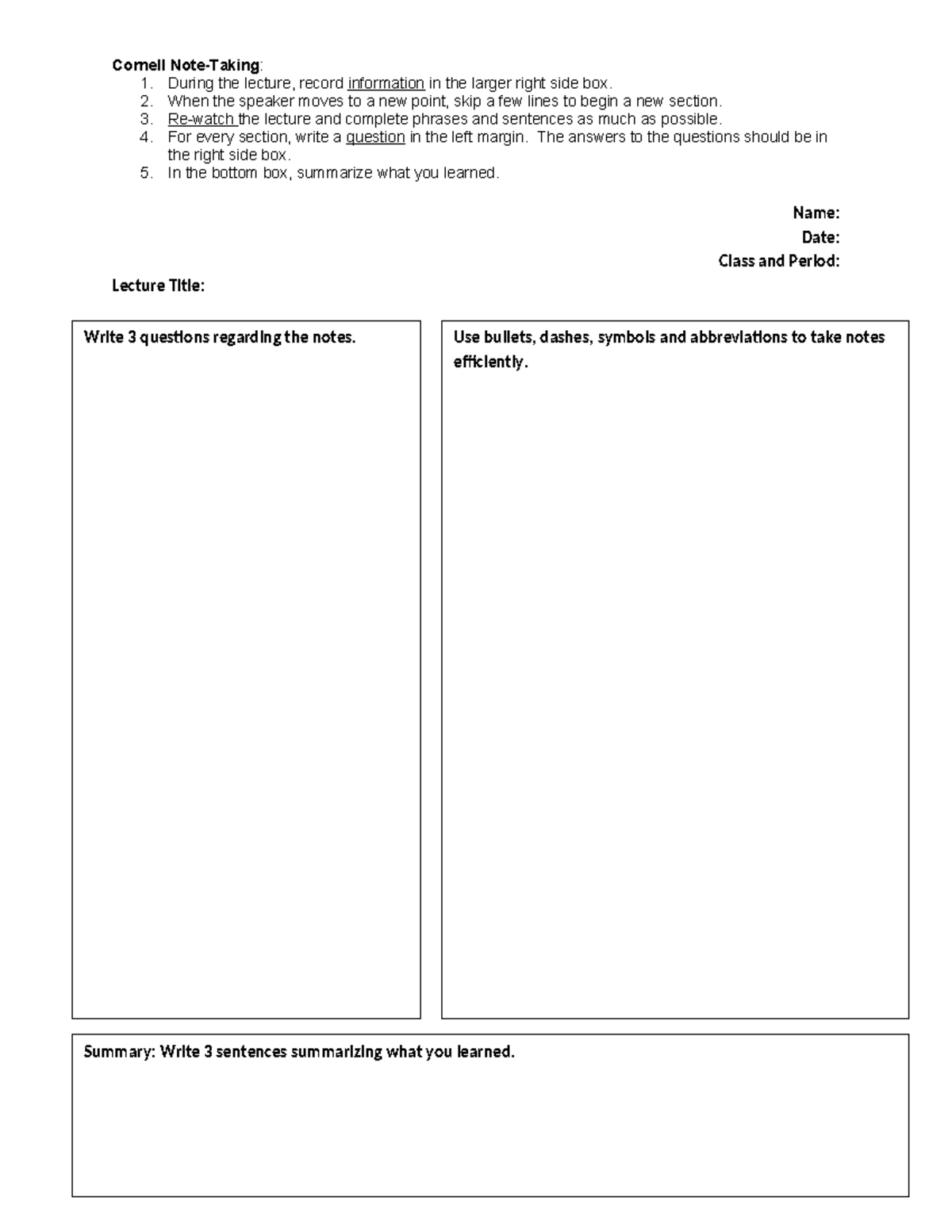 Cornell Notes Template - Cornell Note-Taking: 1. During the lecture ...