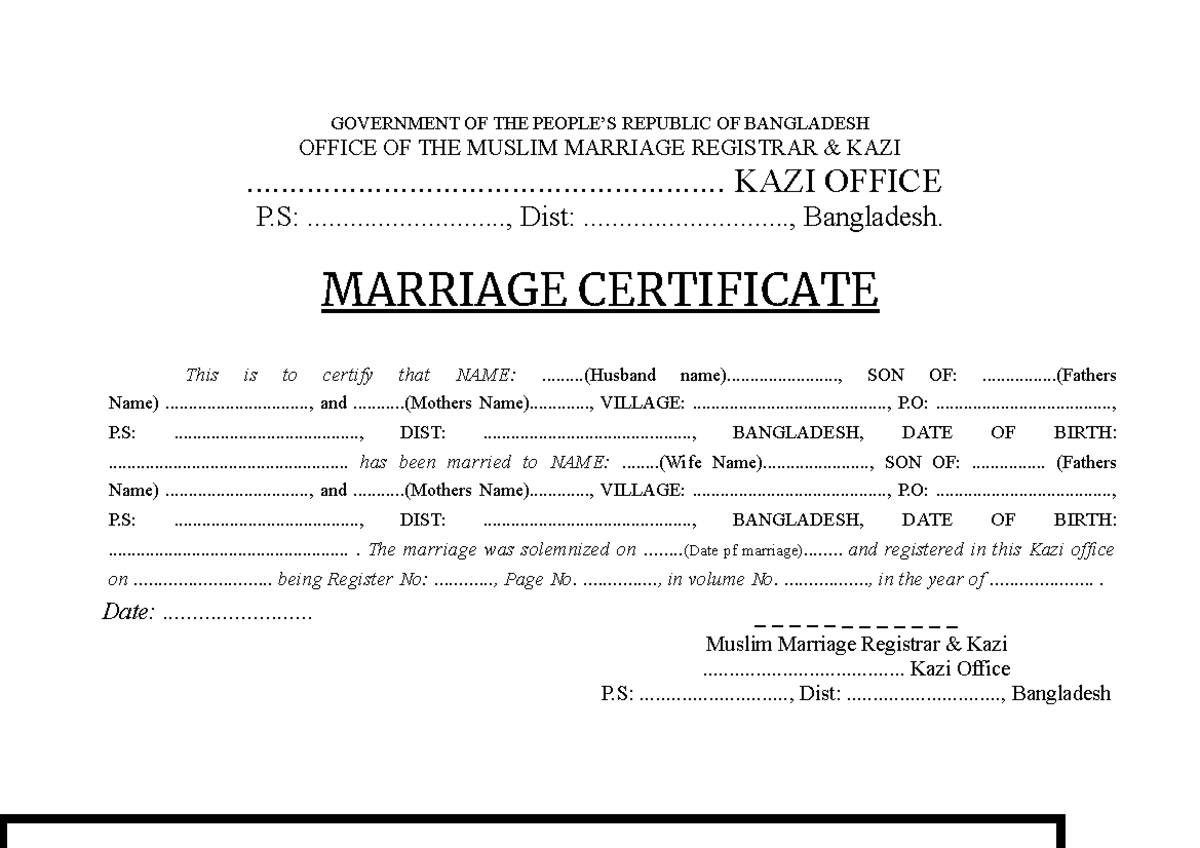 Marriage Certificate from Kazi Office, Bangladesh - Studocu