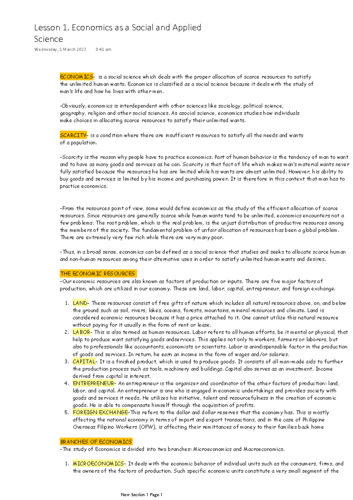 Lesson 1: Economics as a Social Science - Concepts & Definitions - Studocu
