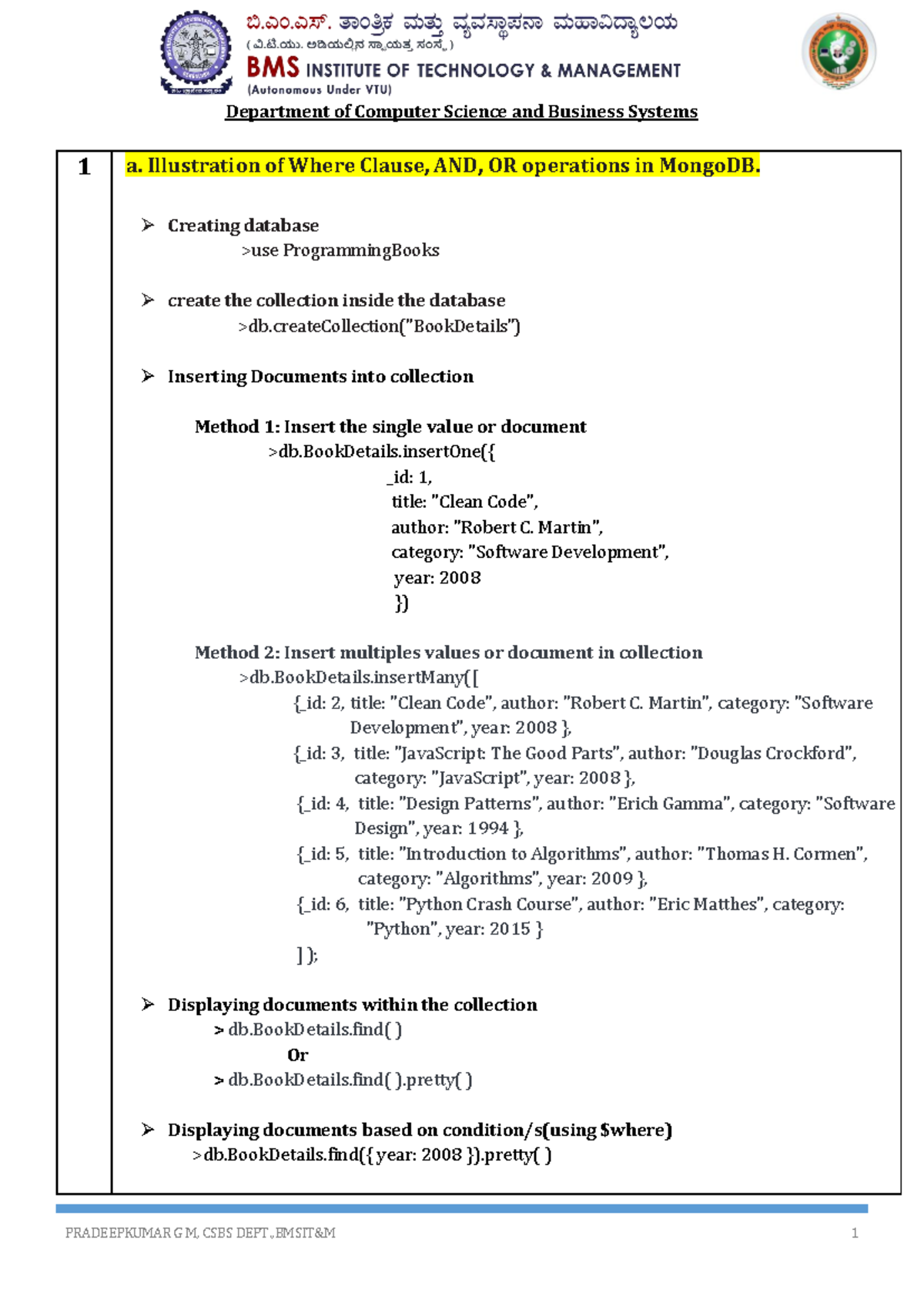 MongoDB Lab Manual: CSBS 1 - Query Operations and Data Management - Studocu