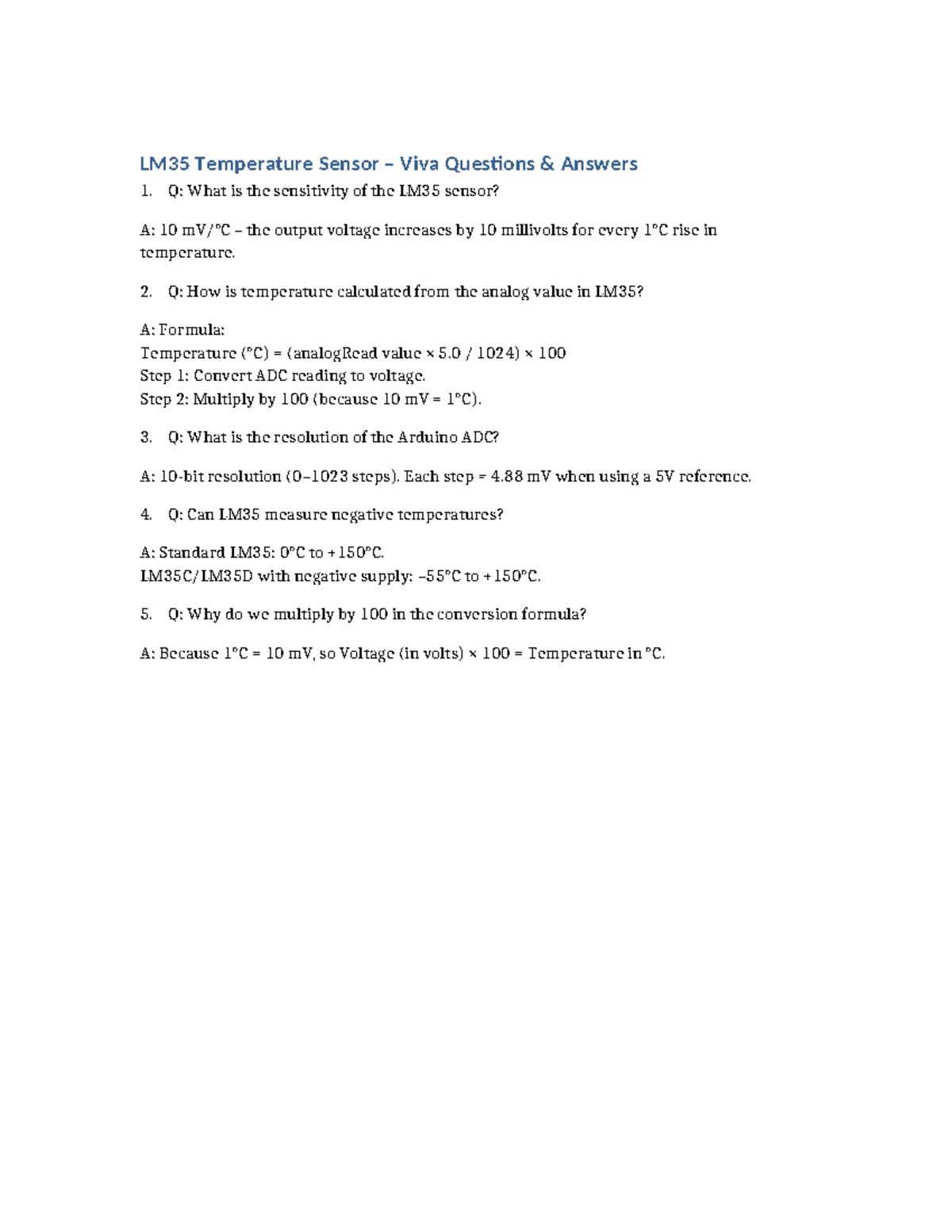 LM35 Temperature Sensor Viva Questions & Answers - Studocu