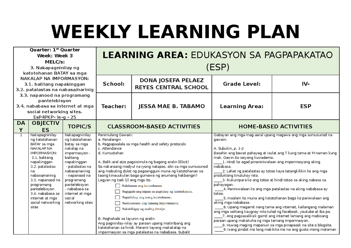 ESP 4 Weekly Learning Plan: 1st Quarter, Week 3 Activities - Studocu