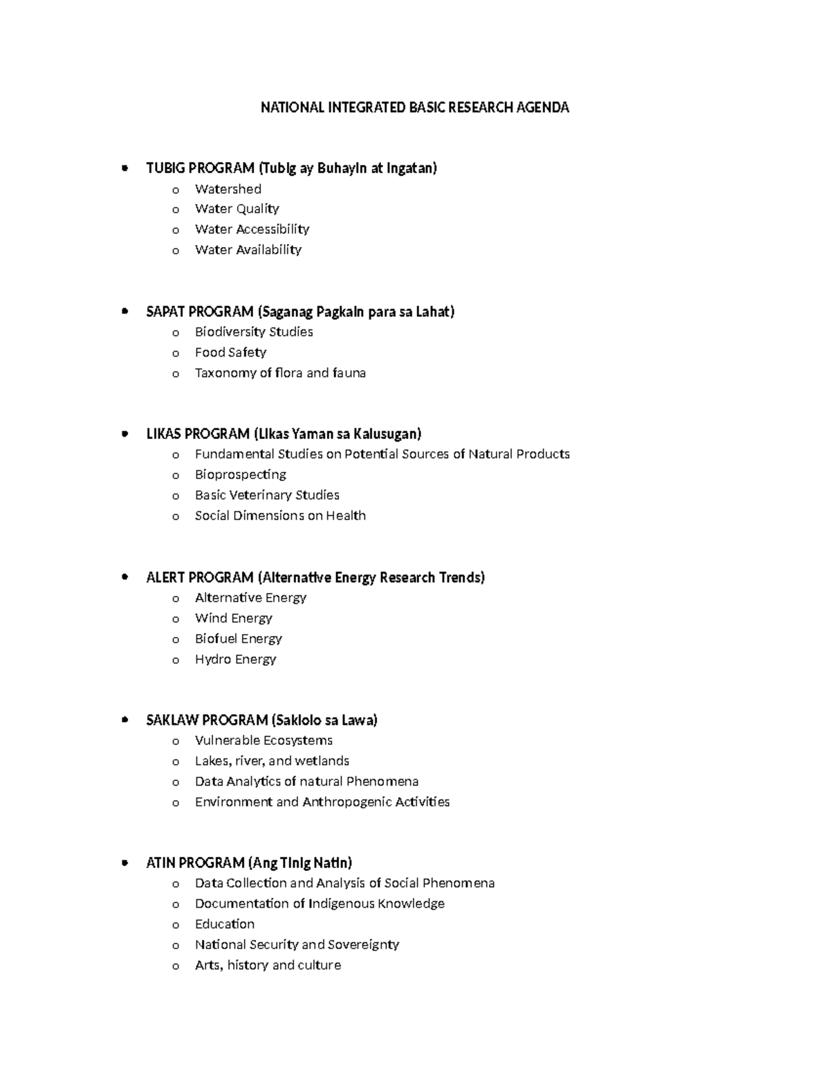 National Integrated Basic Research Agenda Overview & Programs Summary - Studocu