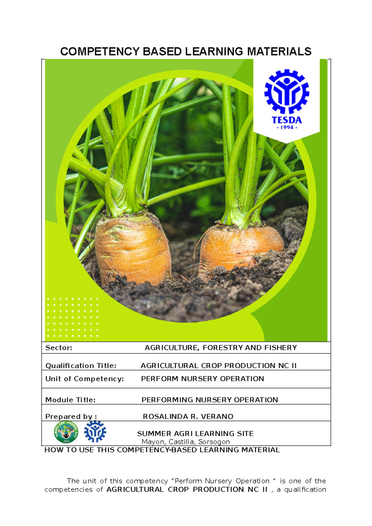 Performing Nursery Operations for Agricultural Crop Production NC II ...