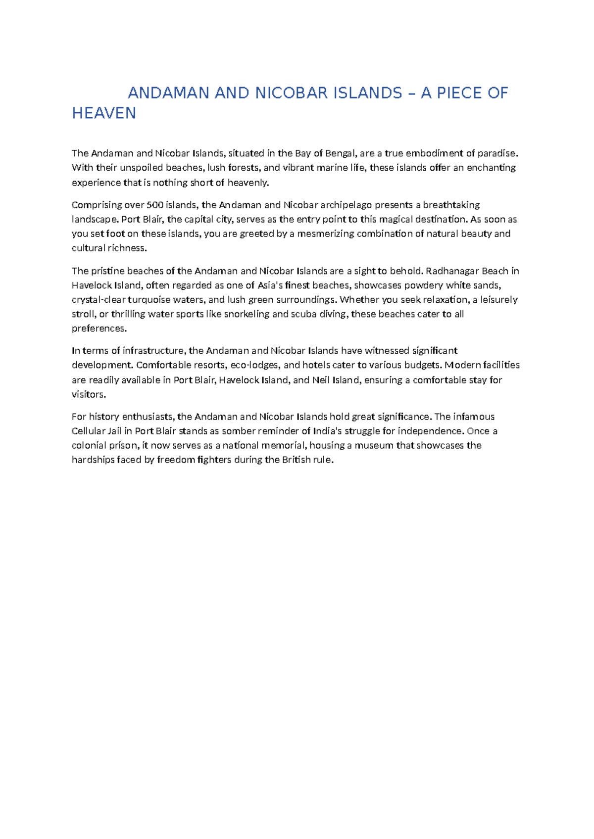 Andaman and Nicobar Islands: A 3-Day Itinerary to Paradise - Studocu