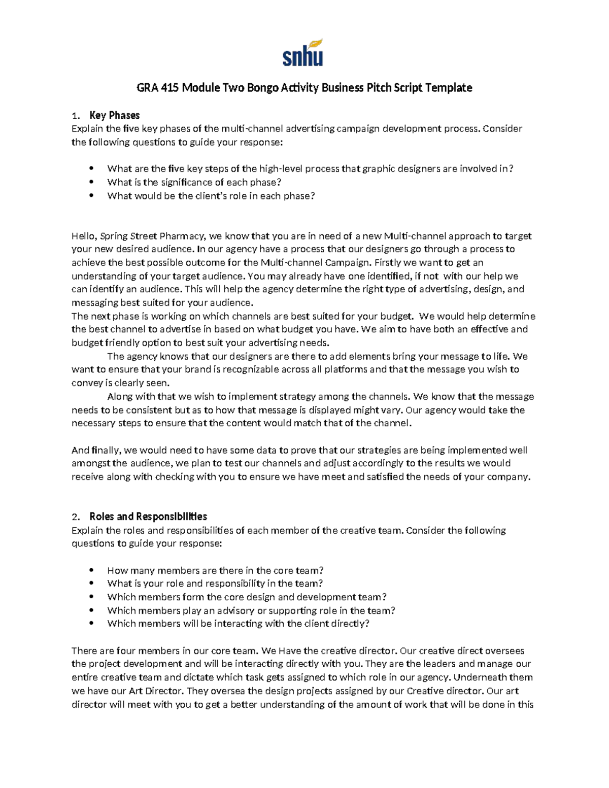 GRA 415 Module Two Bongo Activity: Business Pitch Script Template - Studocu