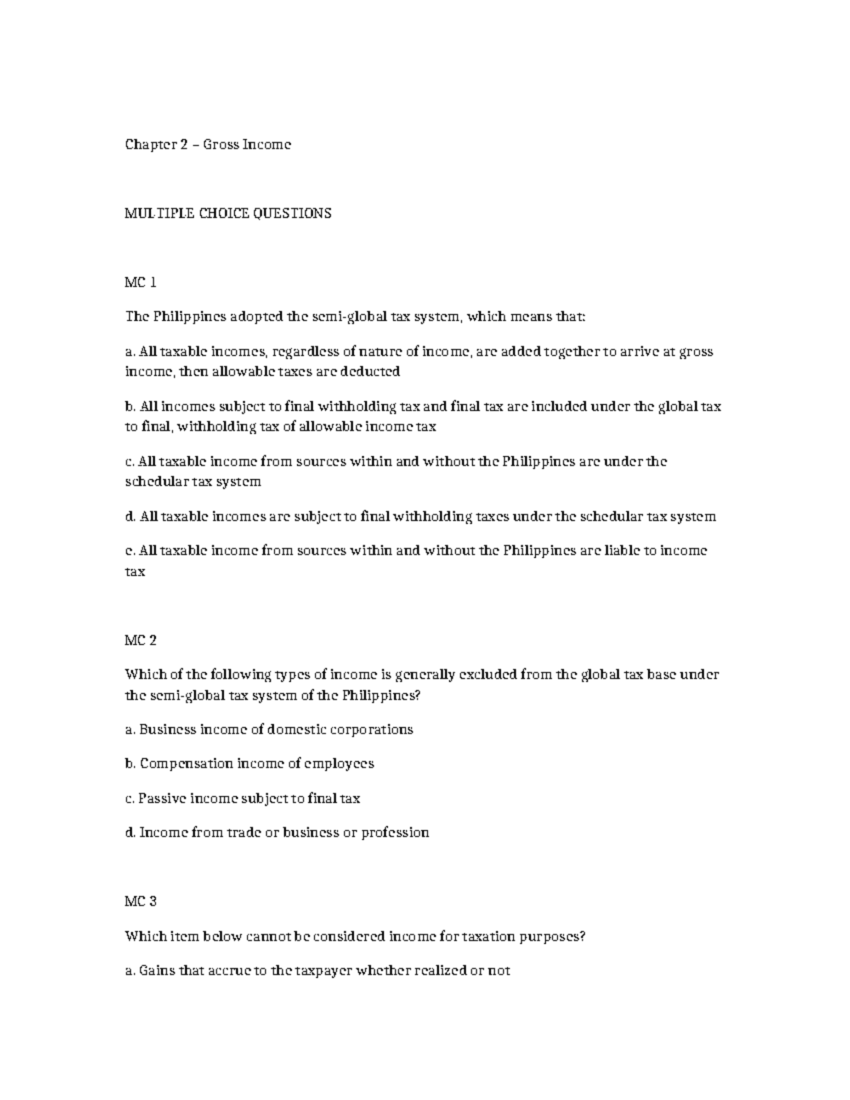 Chapter 2: Gross Income MCQs for Taxation (Course Code: TAX101) - Studocu