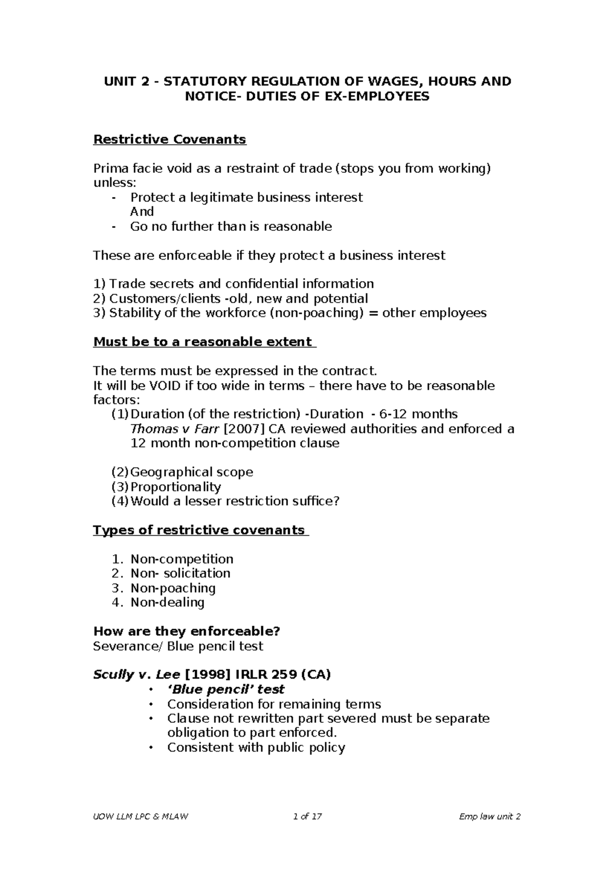 UOW LLM LPC MLAW Unit 2 - Statutory Regulation of Wages and Duties ...