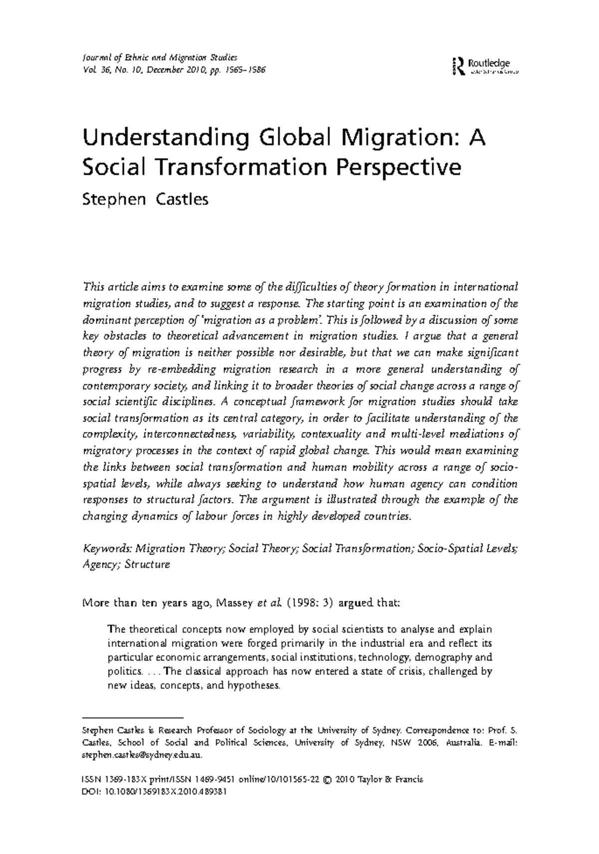 Understanding Global Migration: A Social Transformation Perspective ...