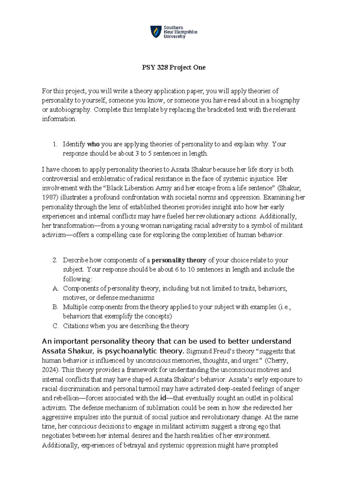 PSY 328 Project One: Applying Personality Theories to Assata Shakur ...