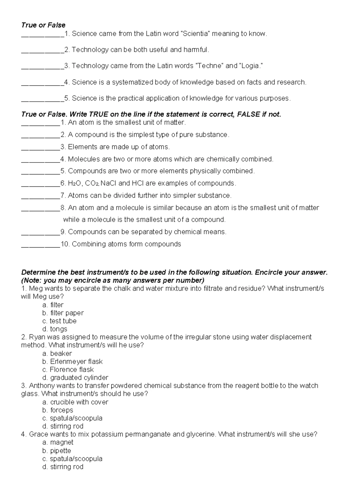Science 4: True or False Statements and Lab Instruments Quiz - Studocu