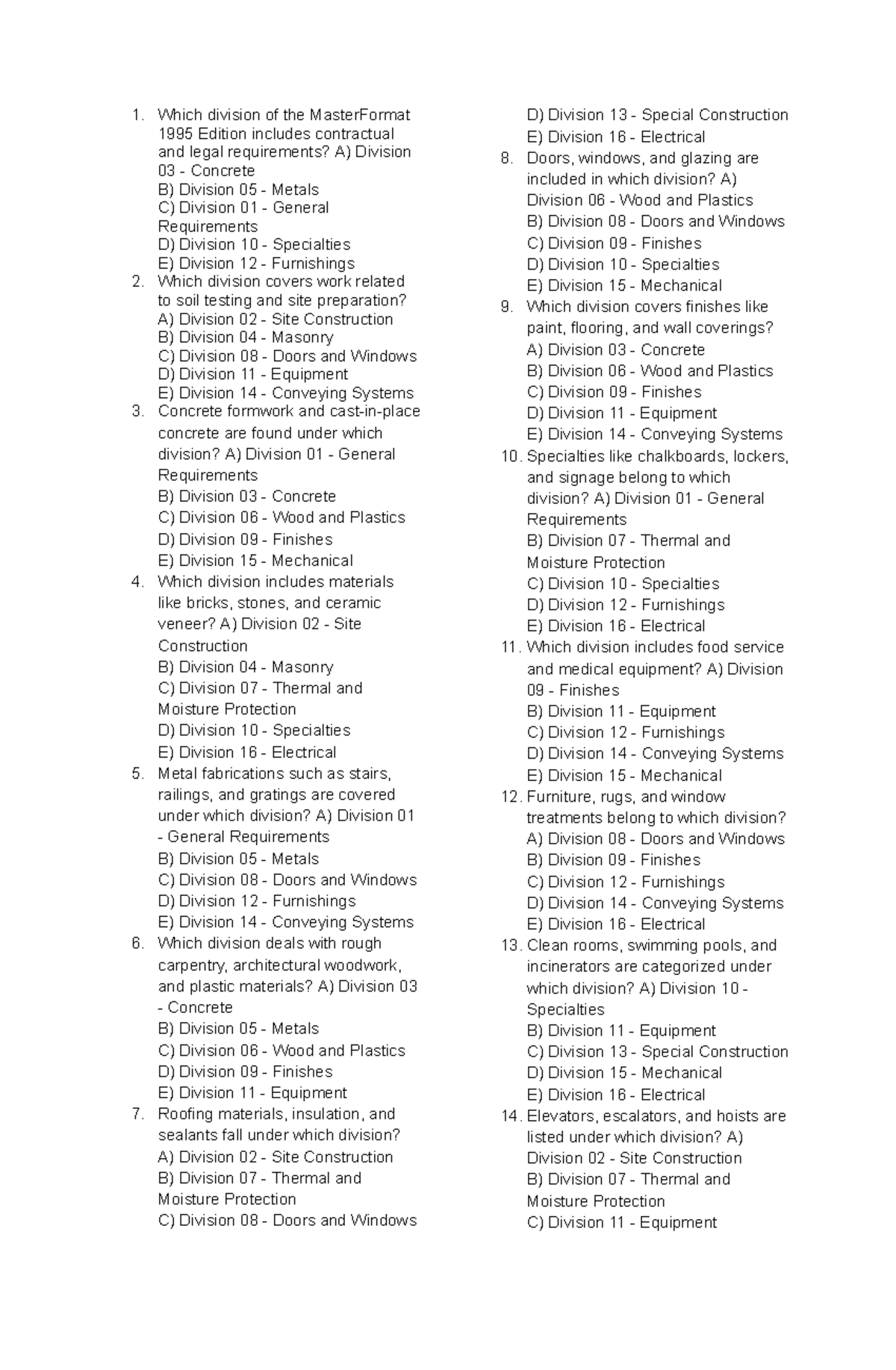 MasterFormat 1995 Edition Divisions Overview and Key Concepts - Studocu