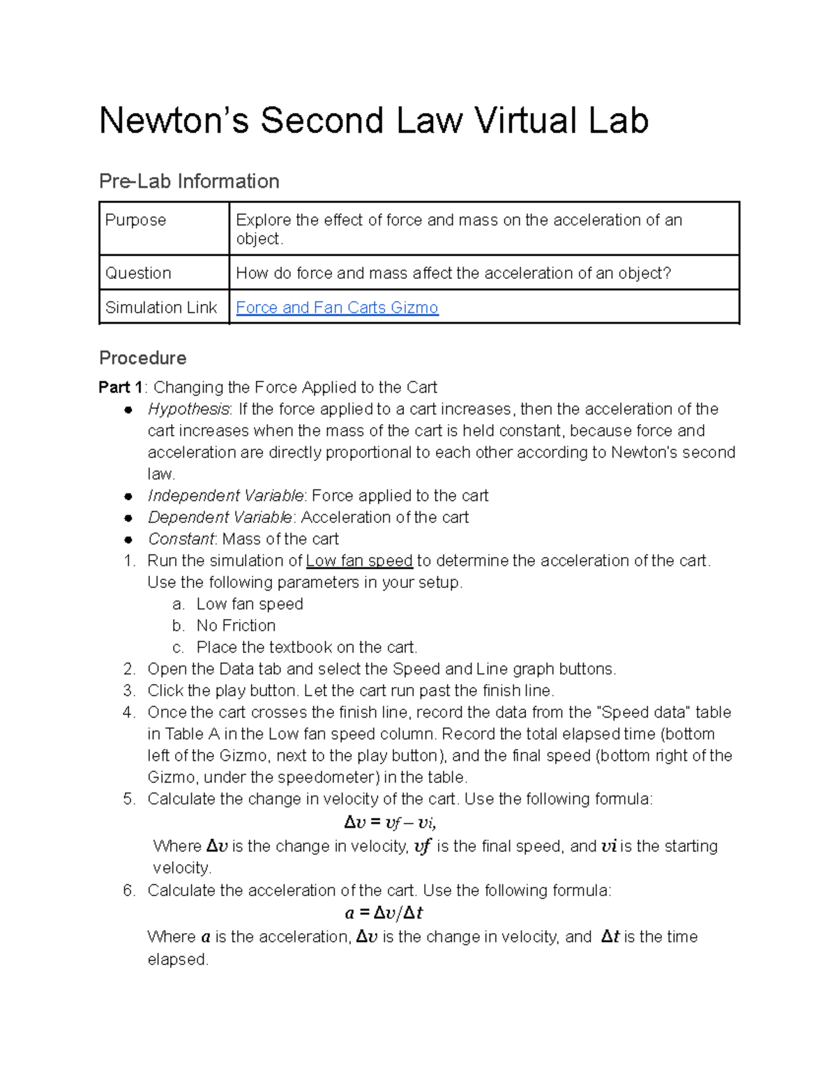 Newton's Second Law-Virtual - Newton’s Second Law Virtual Lab Pre-Lab ...