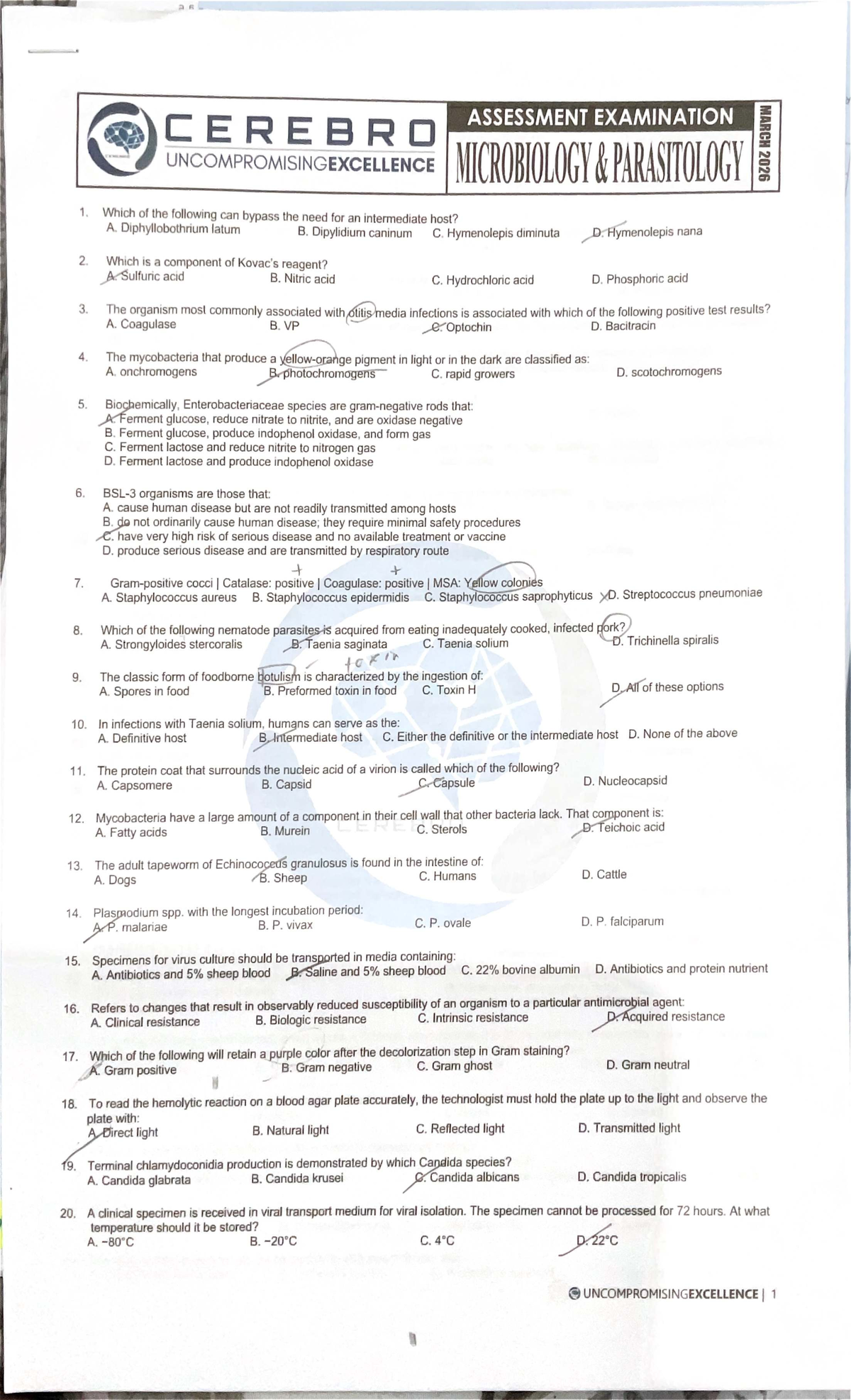 CEREBRO MICROBIOLOGY PARASITOLOGY FINAL EXAM MARCH 2026 - Studocu