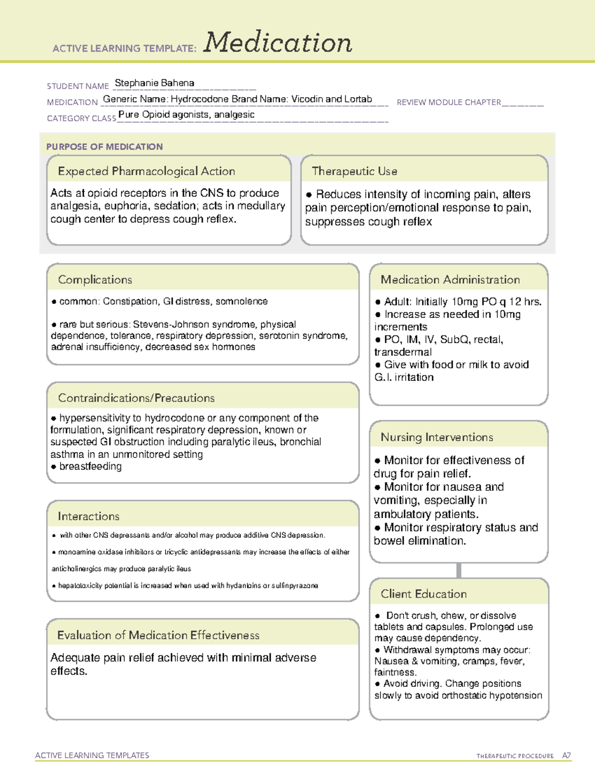 ATI Medication Card Template - Hydrocodone Medication Overview - Studocu