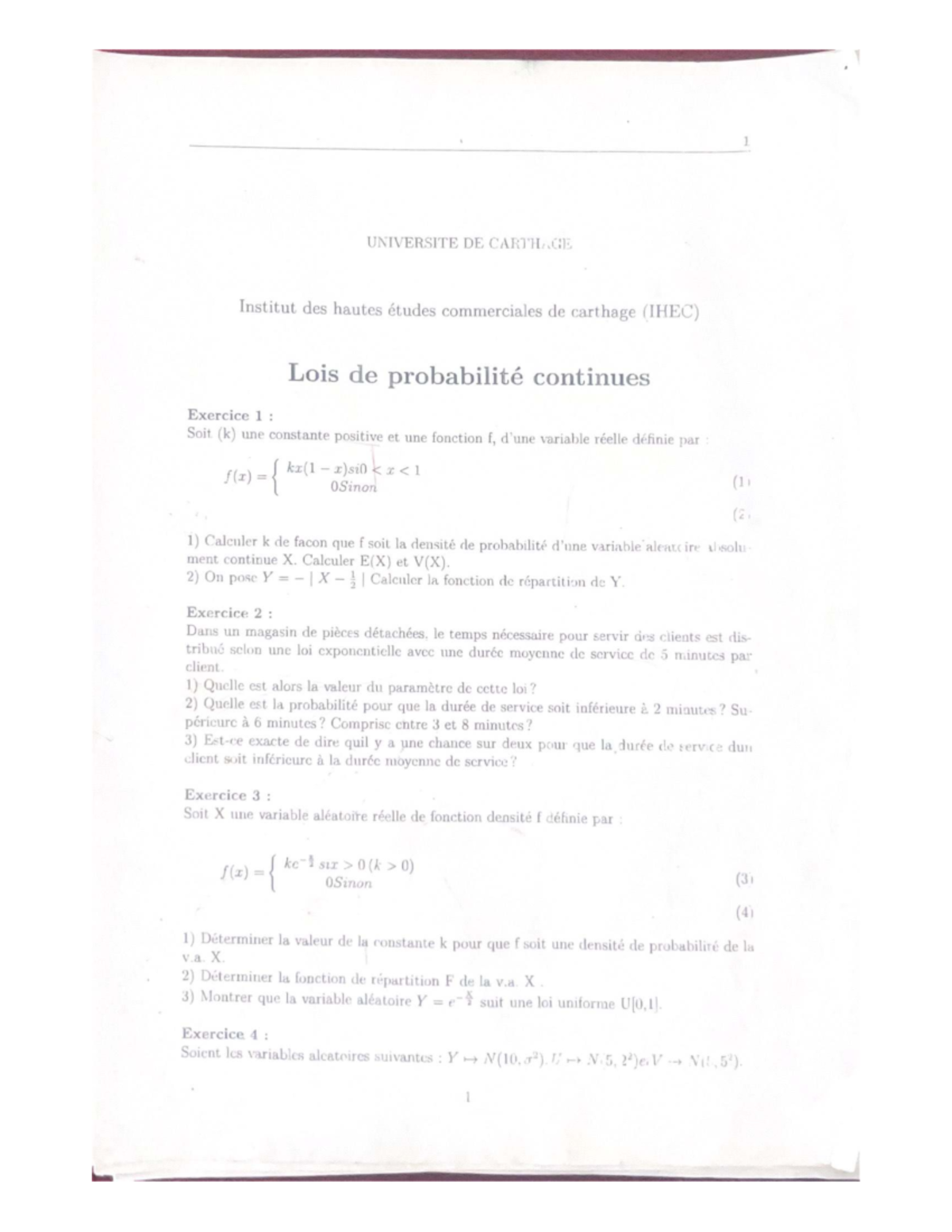 Lois de Probabilité Continues - Exercices et Solutions (IHEC) - Studocu