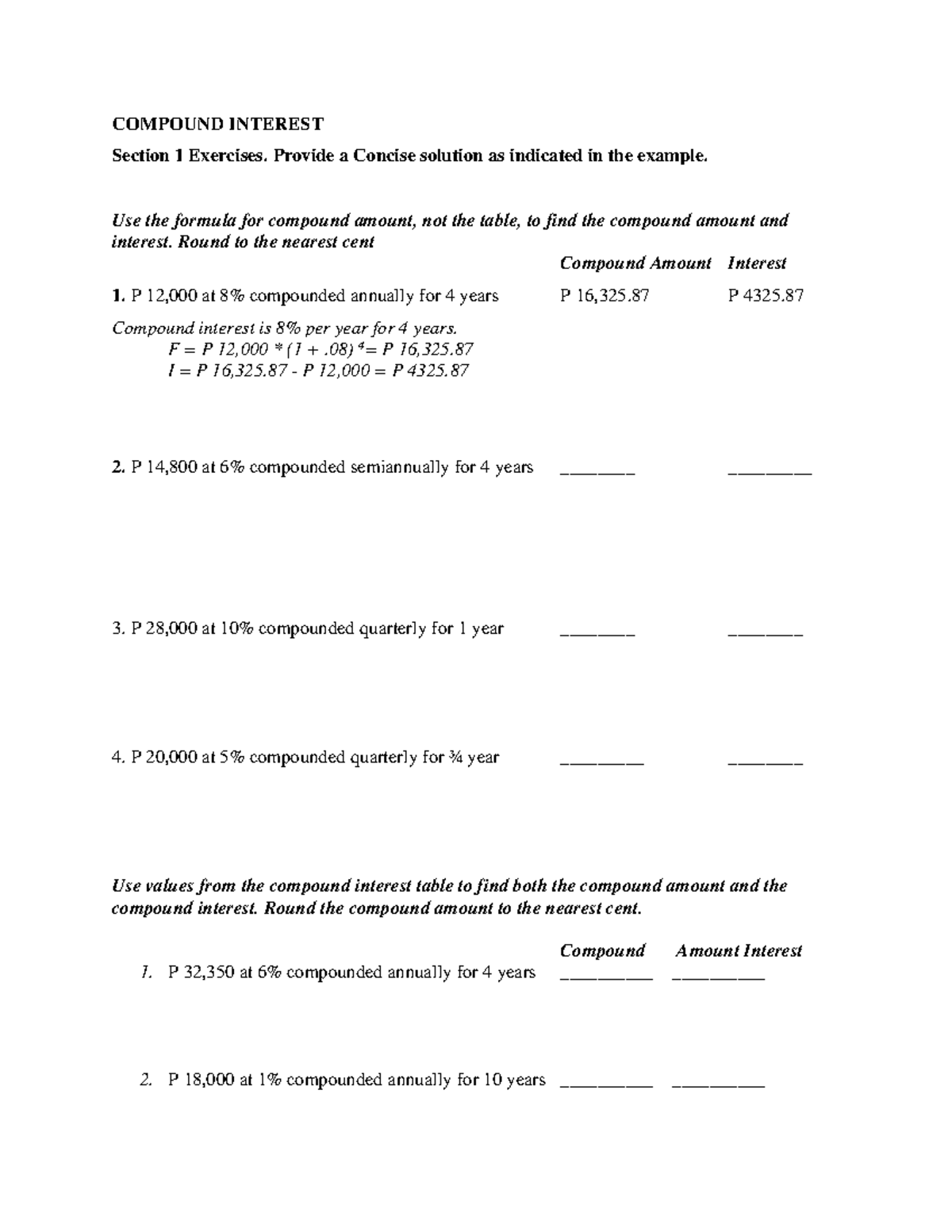 PS-2 - sample problems - COMPOUND INTEREST Section 1 Exercises. Provide ...