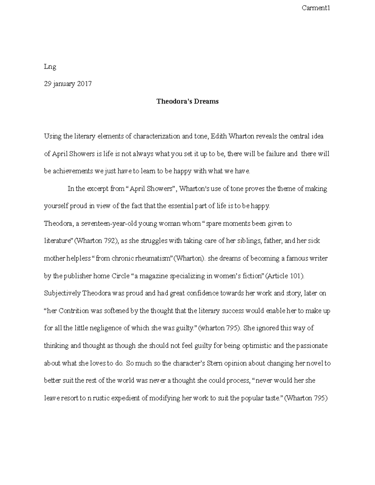 Theodora's Dreams: Analyzing Tone & Characterization in Wharton's April ...