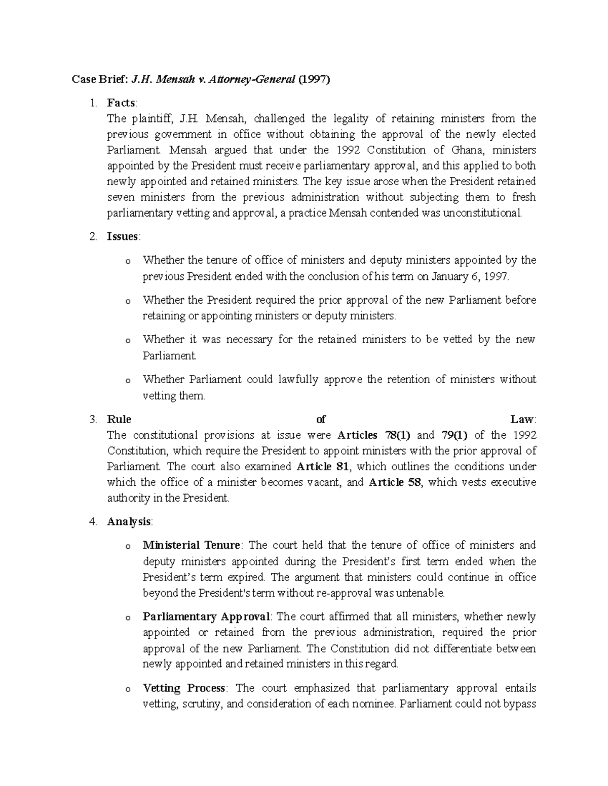 Case Brief: J.H. Mensah v. Attorney-General (1997) Analysis - Studocu