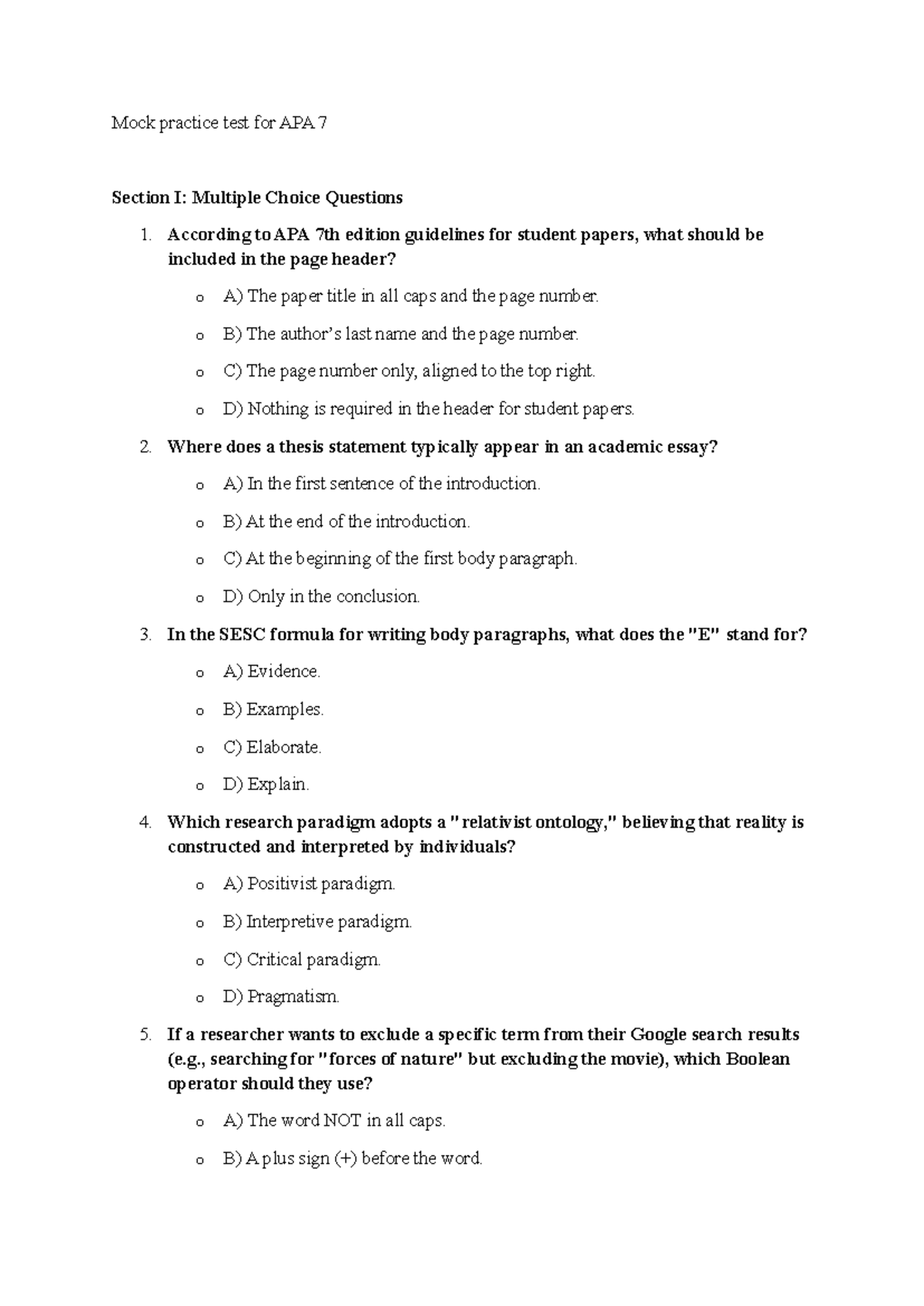Mock Practice Test for APA 7: Multiple Choice & True/False Questions ...