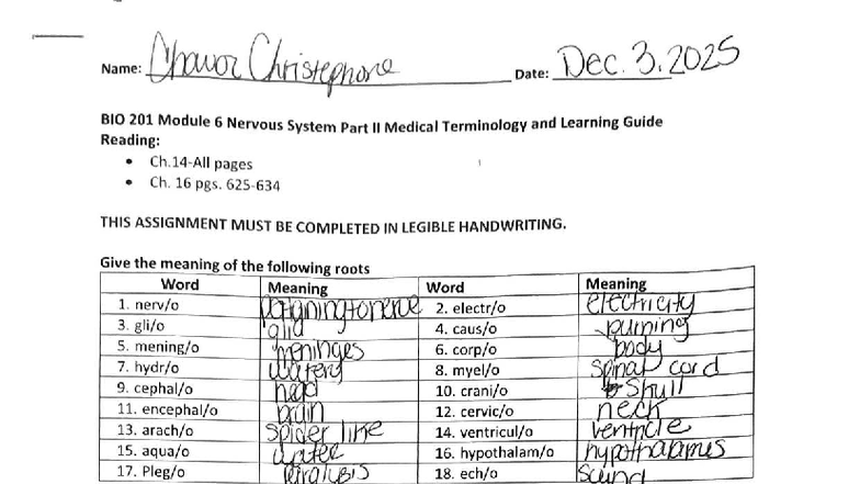 BIO 201 Module 6 Nervous System Study Guide and Terminology - Studocu