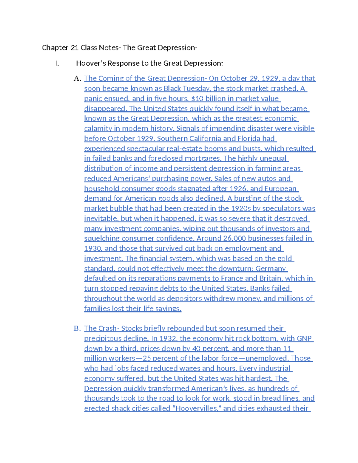 Chapter 21 Class Notes: The Great Depression and Its Impact - Studocu