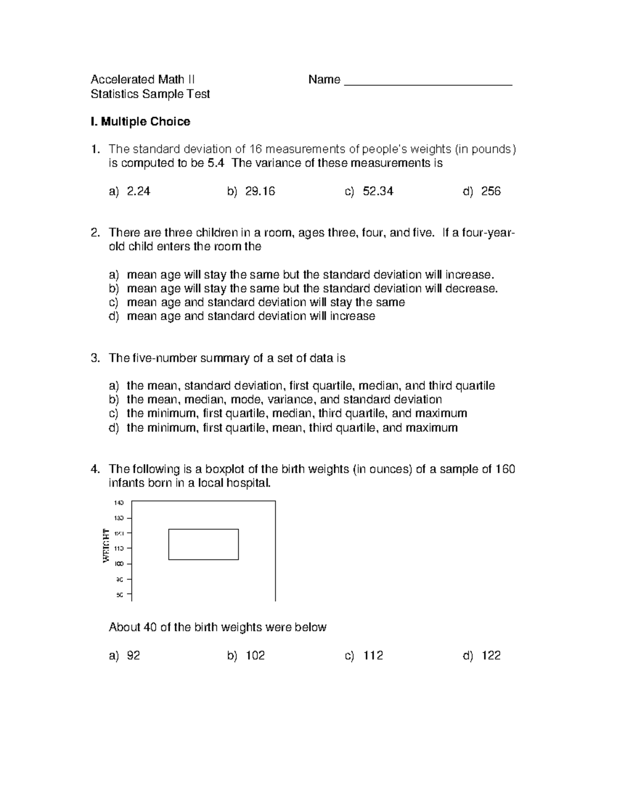 Accelerated Math II: Statistics Sample Test & Flash Cards Activity ...