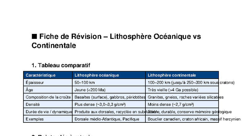Fiche de Révision: Lithosphère Océanique vs Continentale - Studocu