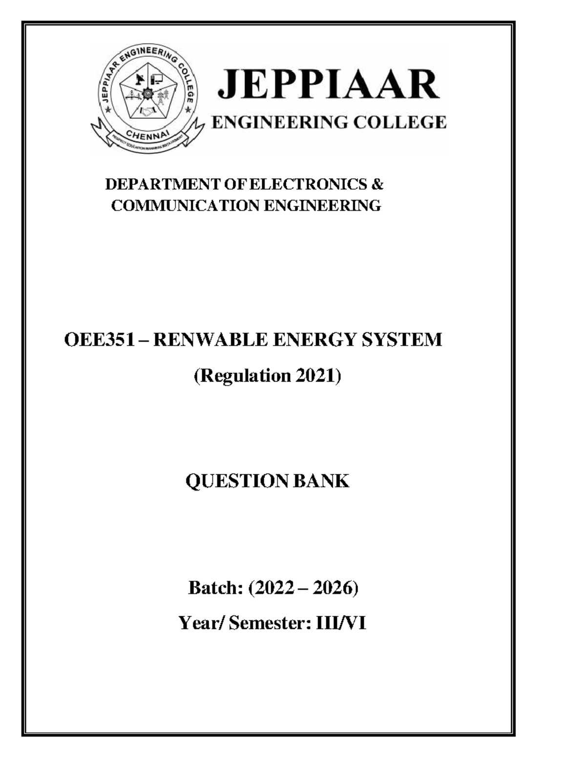 OEE351 Renewable Energy Systems Question Bank (2022-2026) - Studocu