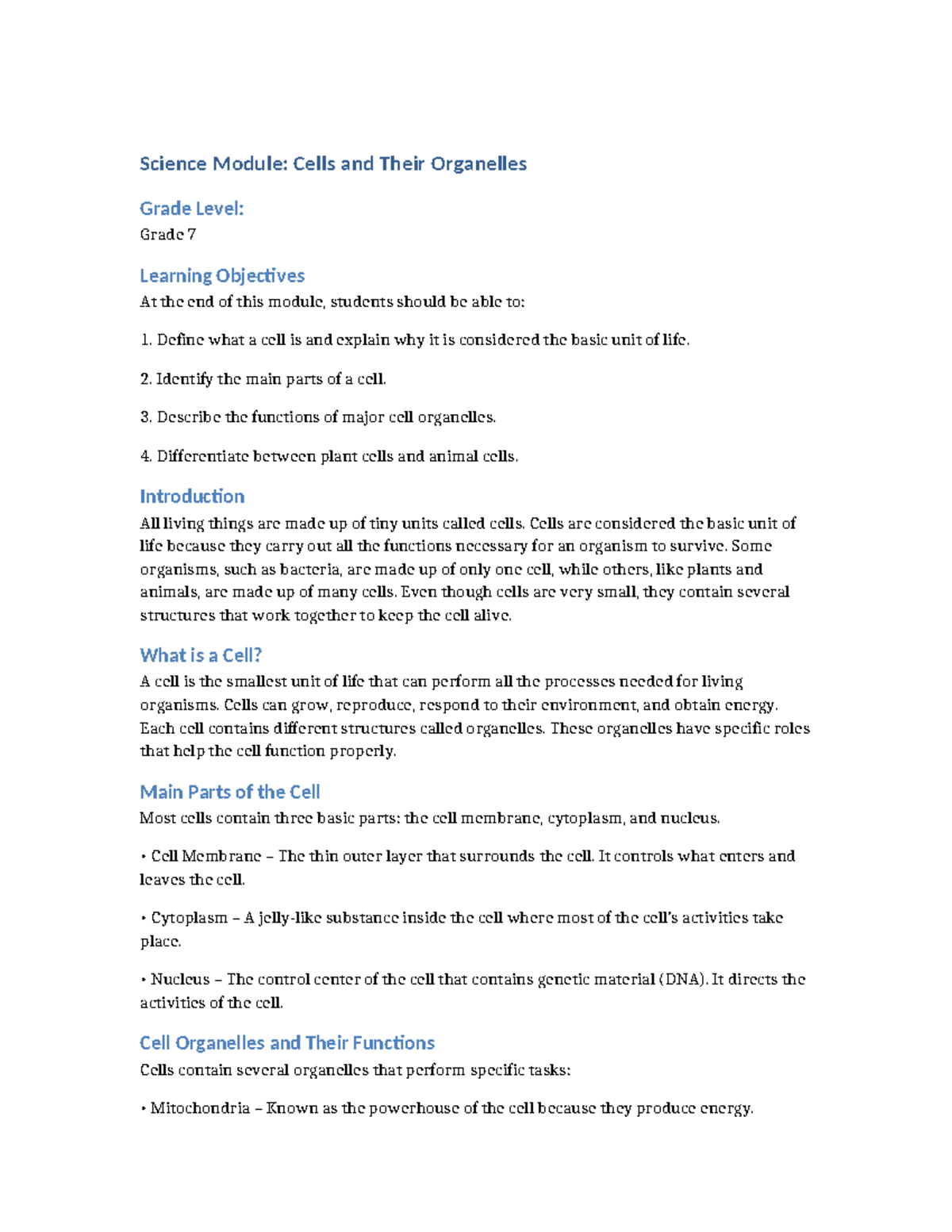 Science Module: Cells & Organelles - Grade 7 Overview - Studocu