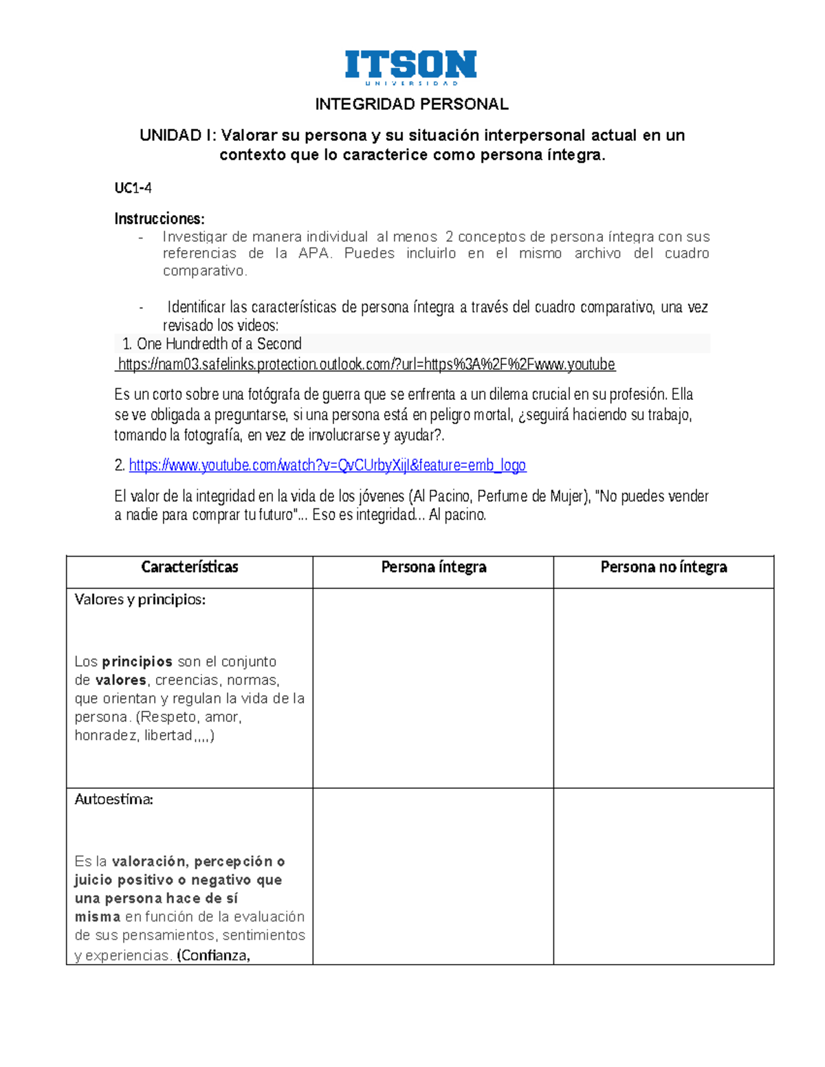 Comparativo de Integridad Personal: Persona Íntegra vs No Íntegra - Studocu