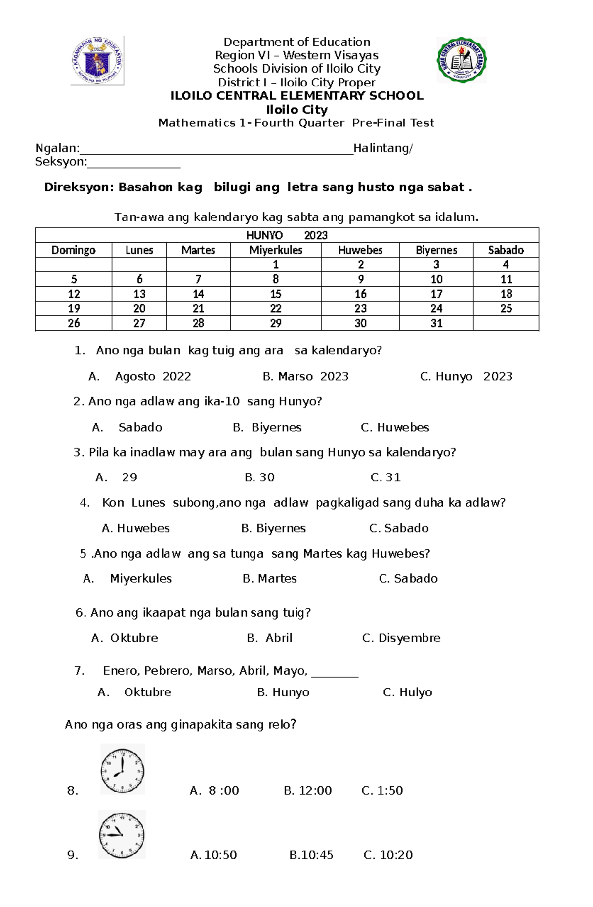 Mathematics 1 Fourth Quarter Pre Final Testdone - Department of ...